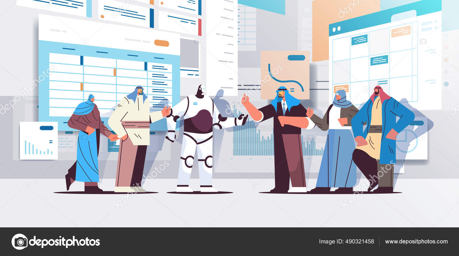 Robot with arab businesspeople analyzing statistics graphs and charts financial data analyzing ...