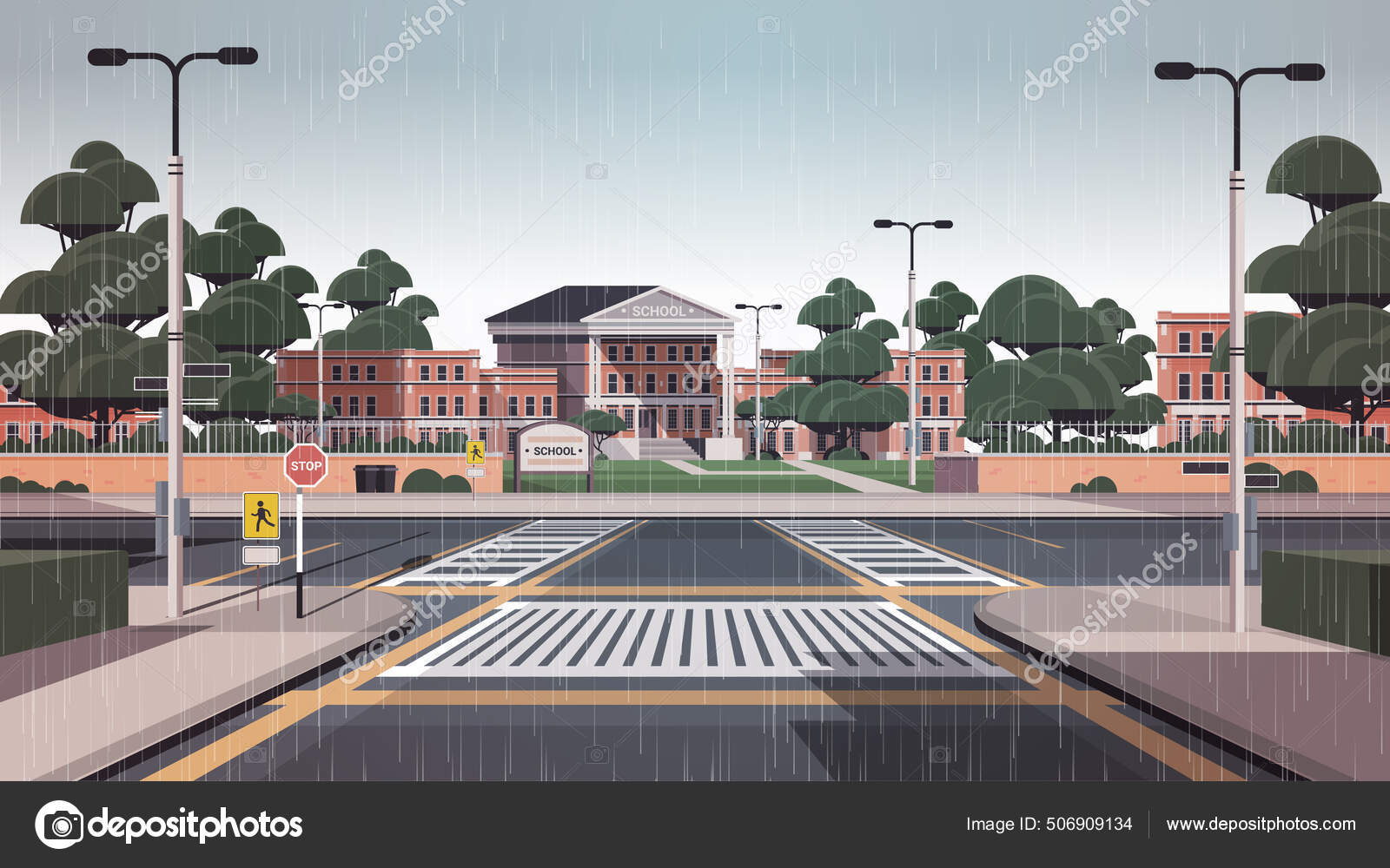 School building empty front yard with road crosswalk cityscape Stock ...