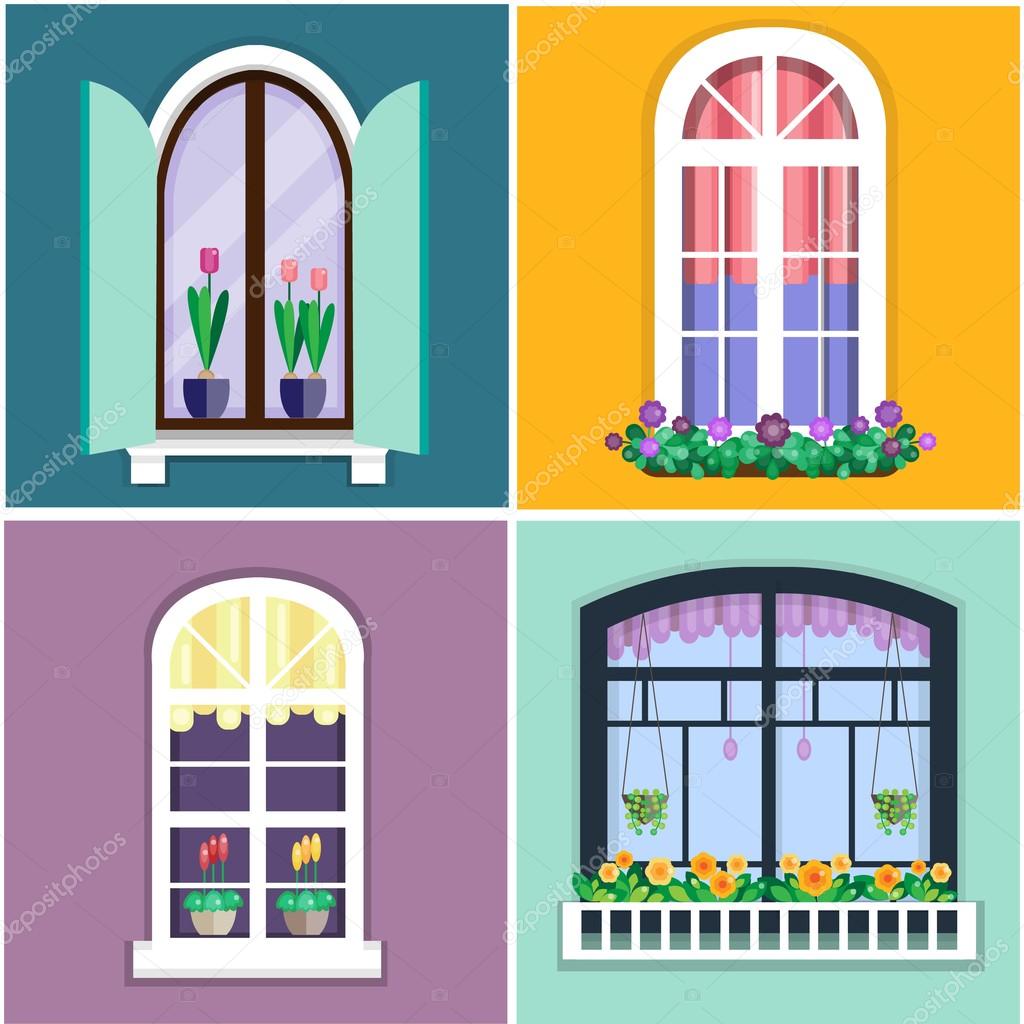 Vector illustration of windows set with plants in flower pots. Stock ...