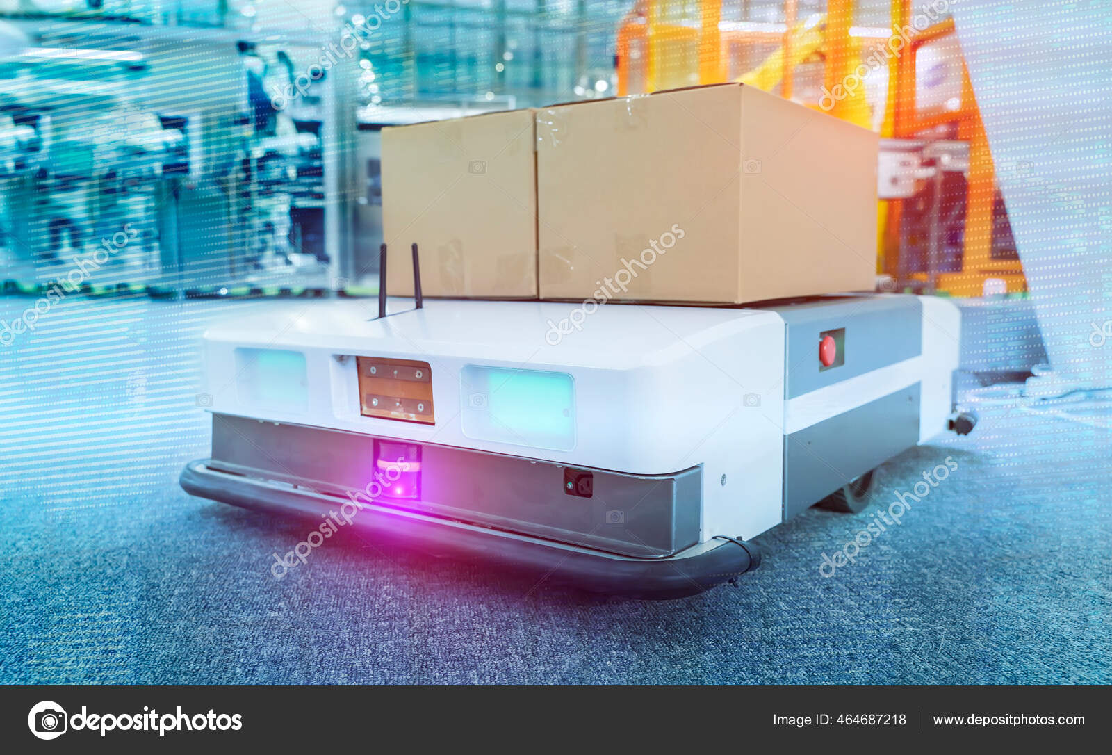 Warehouse Robot Car Carries Cardboard Box Assembly Factory — Stock Photo © firefox #464687218