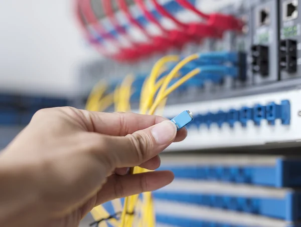 Man connecting fiber network cables to switches - Stock Image - Everypixel