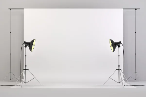 3d studio setup with lights, a wooden chair and white background ...