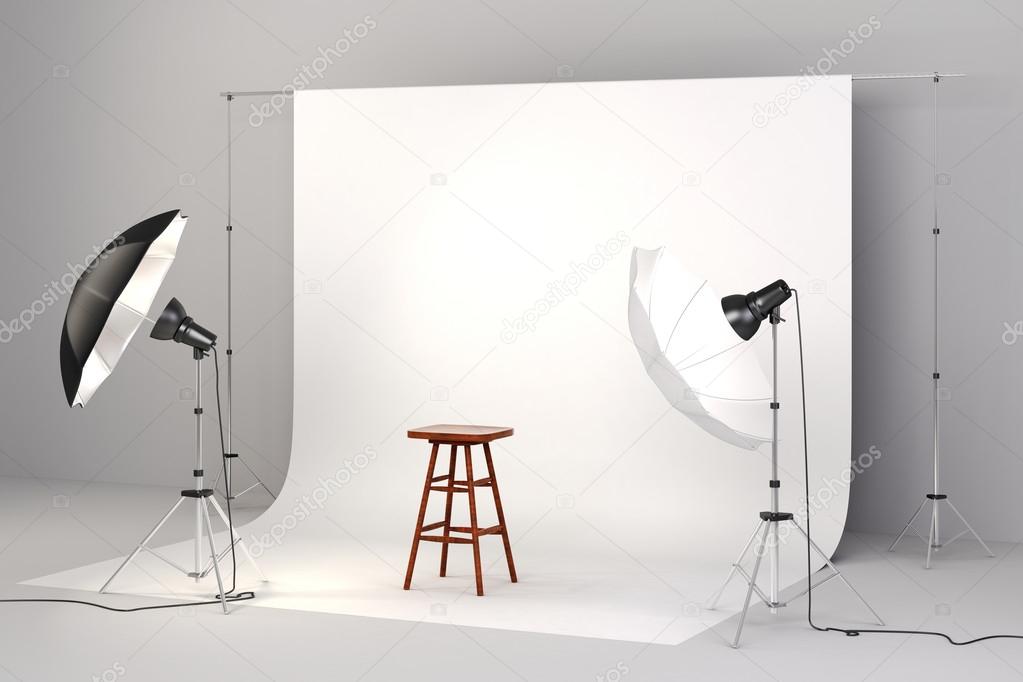 3d studio setup with lights and white background Stock Photo by ...