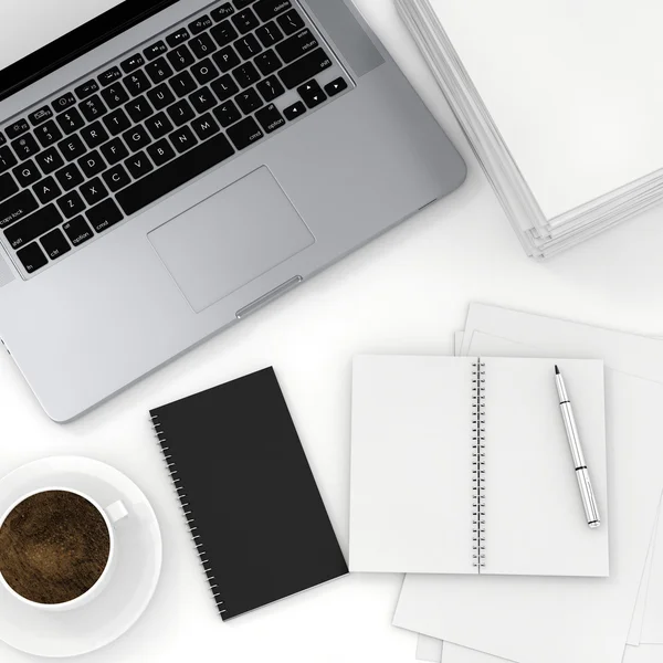 3d top view of an office desk with laptop and documents — Stock Photo ...