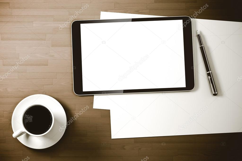 3d top view of an office desk with laptop and documents — Stock Photo ...