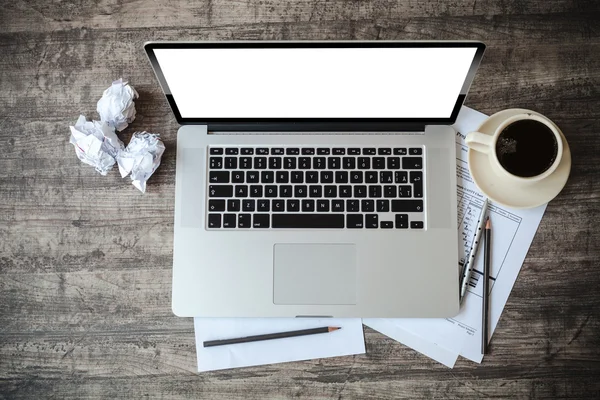 3d top view of an office desk with laptop and documents — Stock Photo ...