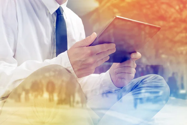 Lonely Businessman with Digital Tablet Computer in Hotel Room - Stock ...