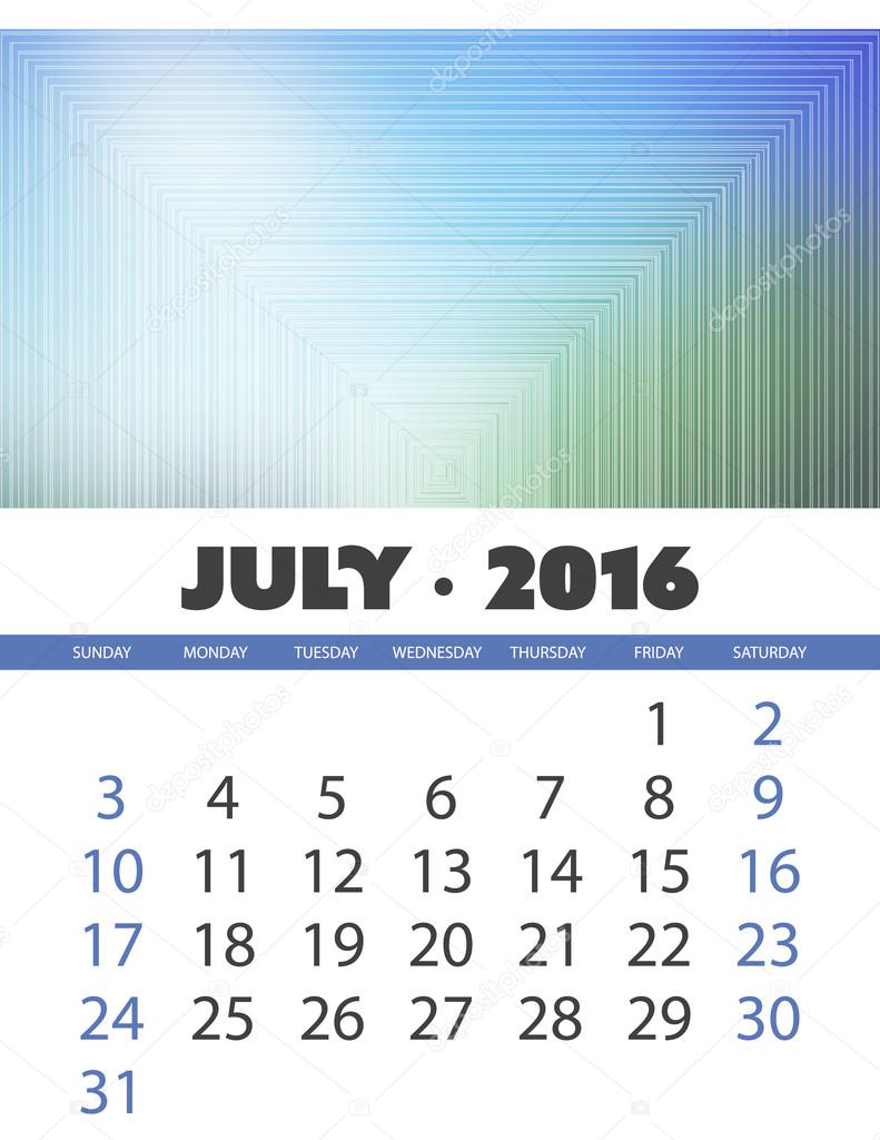 Calendario mensual: Julio 2016 Plantilla con fondo abstracto colorido ...