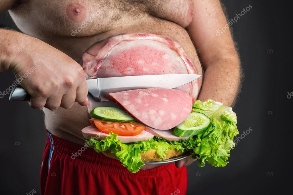 Fat man cutting sausage for sandwich Stock Photo by ©Nomadsoul1 79674322