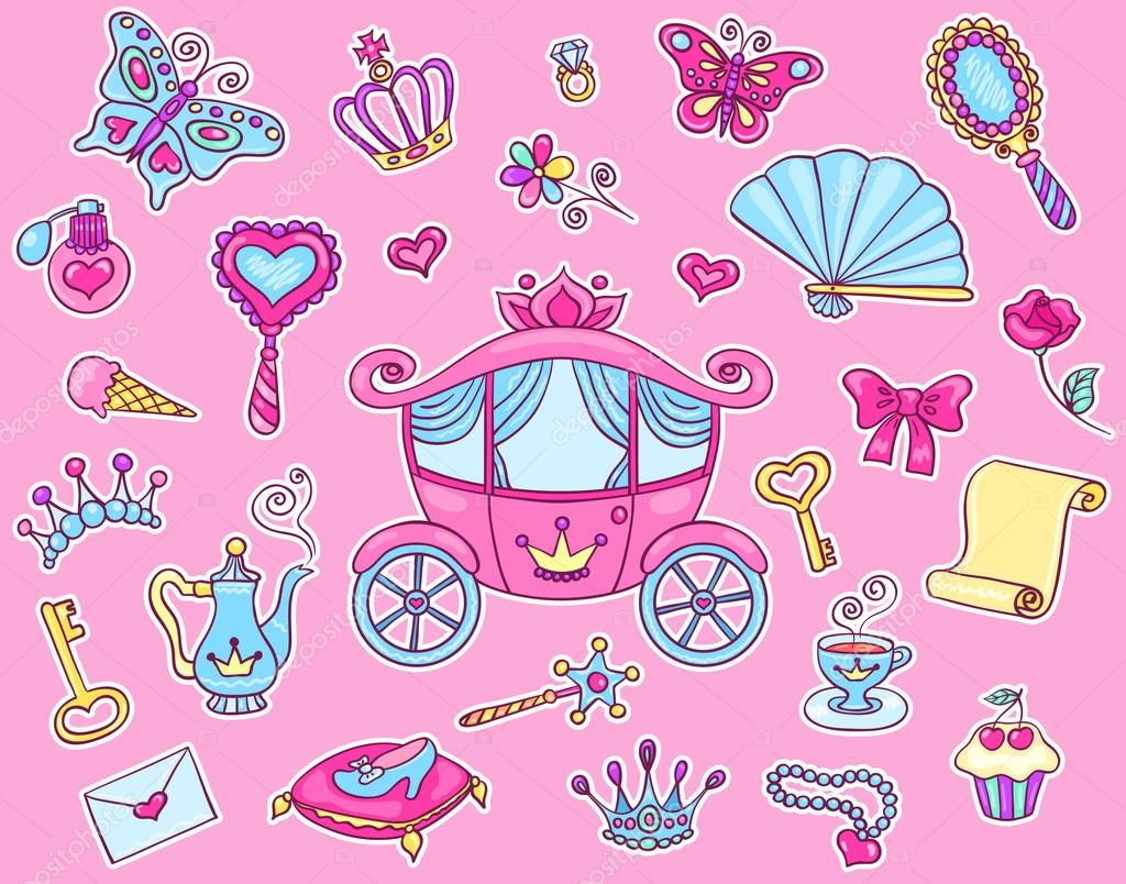 Cute princess sticker set with carriage — Stock Vector © Amalga #72839867