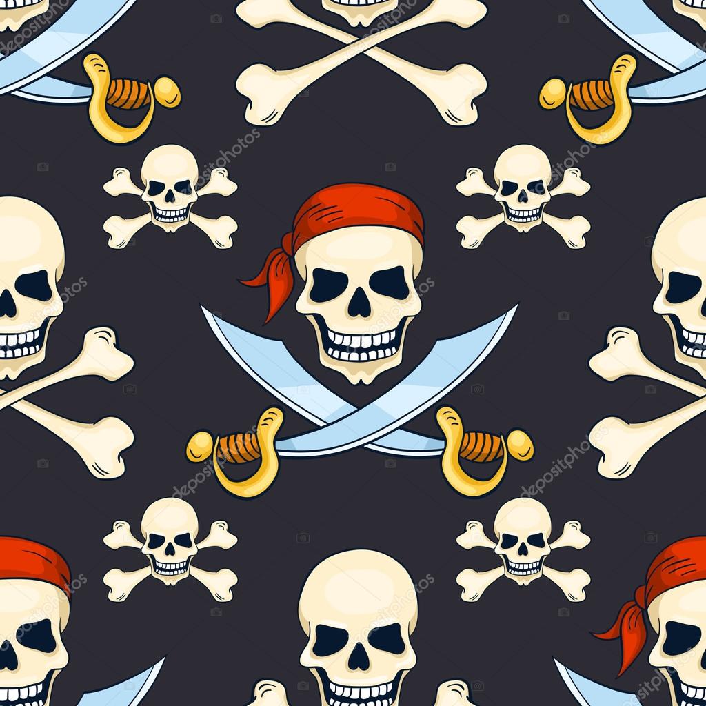 Cartoon vector hand-drawn pirate skulls seamless pattern — Stock Vector ...
