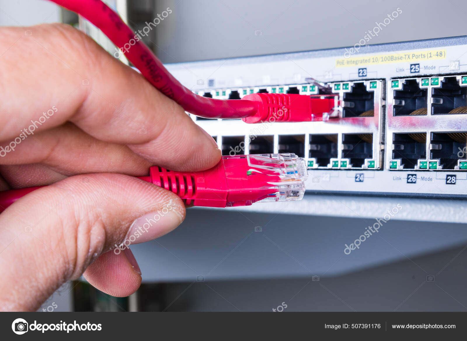 Hand Administrator Plugging Red Patch Cable Empty Switchboard — Stock ...