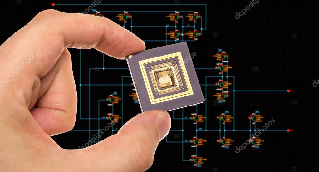 Microprocessor in hand over circuit schematic diagram — Stock Photo ...