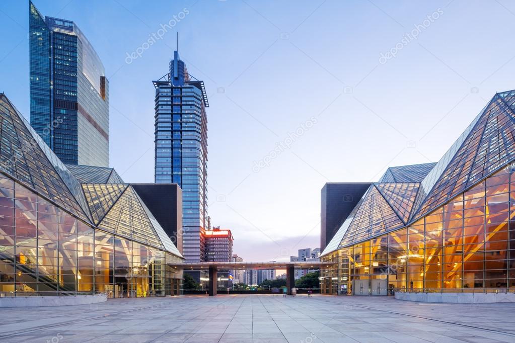Modern business buildings around square in Zhuhai — Stock Photo ...