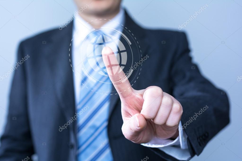 Businessman touching virtual screen with cyber icon — Stock Photo ... Businessman touching virtual screen with cyber icon — Stock Photo ...