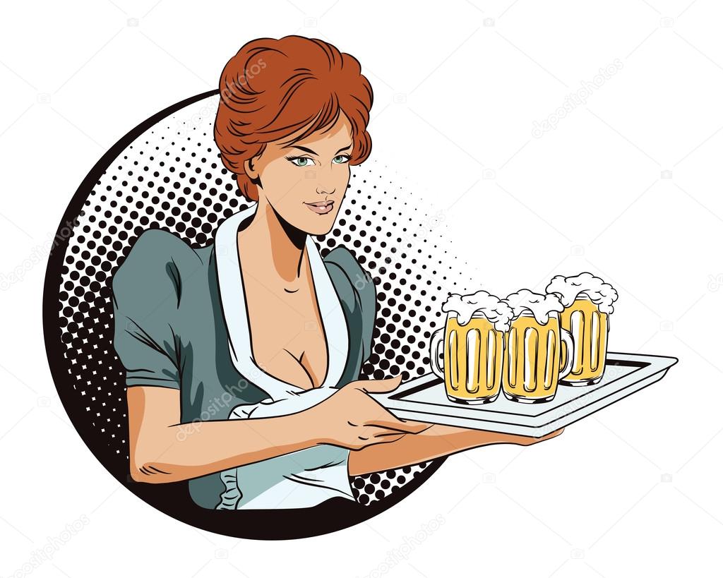 People In Retro Style A Waitress Carrying A Tray With A Beer — Stock