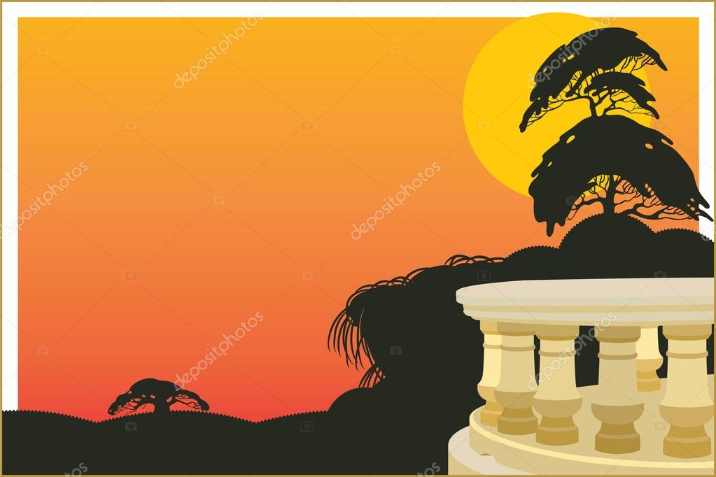 Vector veranda of the hotel on an exotic background sunset. Stock ...