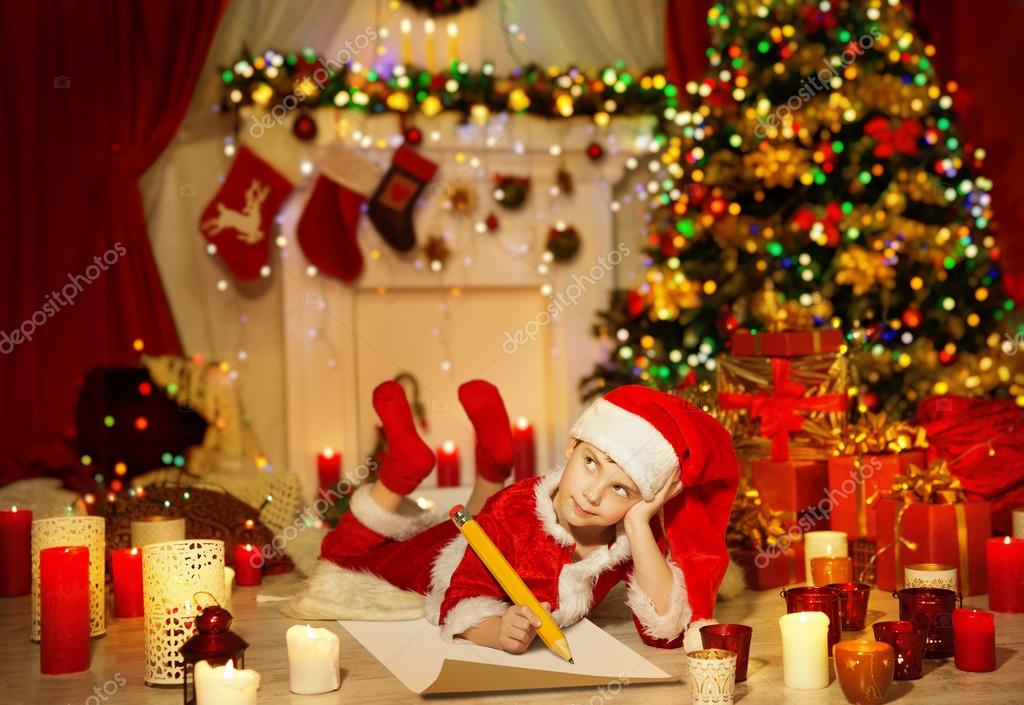 Ni o de Navidad Escribir Lista de Deseos, Ni o en Santa Sombrero Escribir Carta 2024