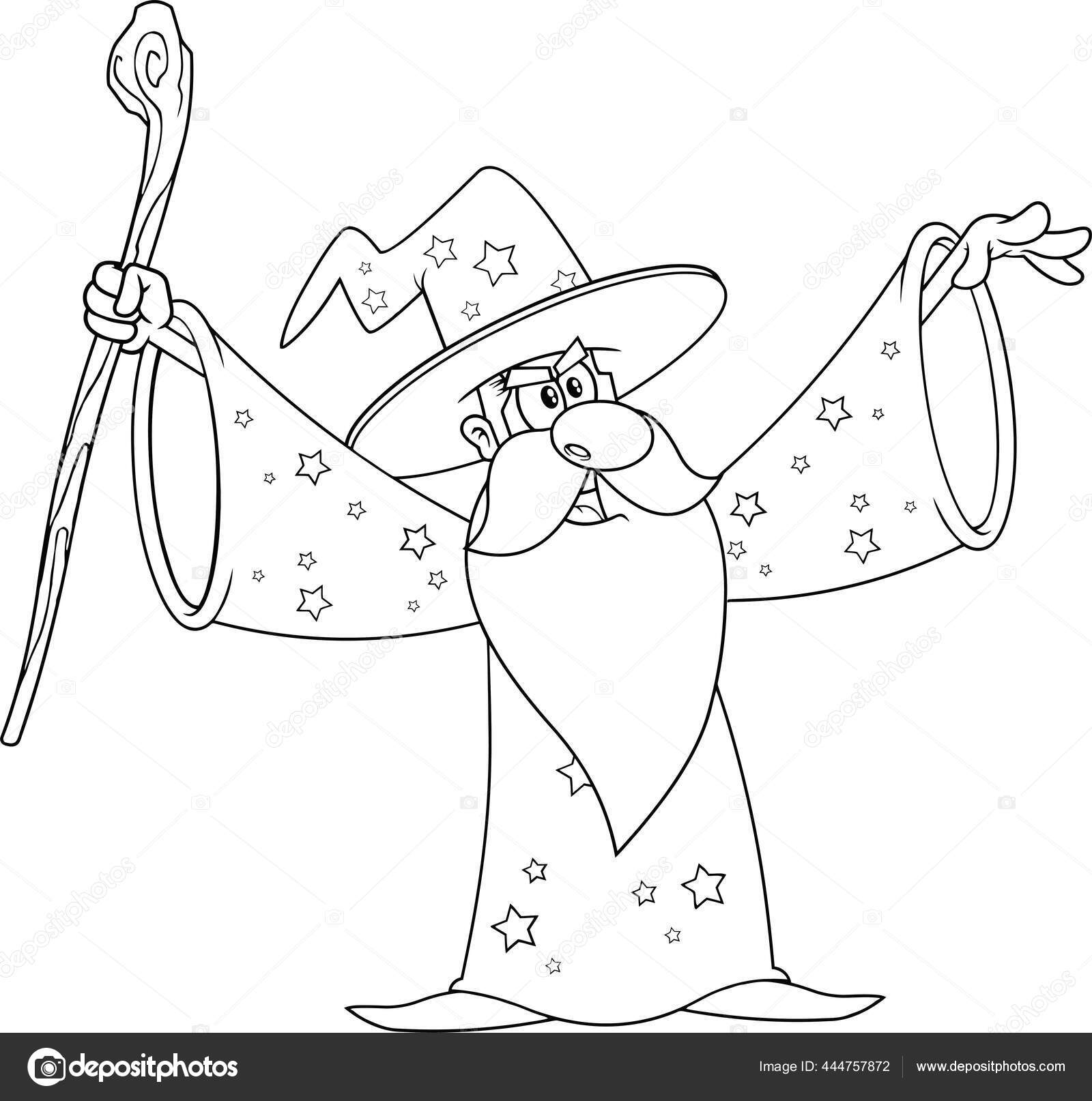 Outlined Old Wizard Cartoon Character Cane Making Magic Vector ...