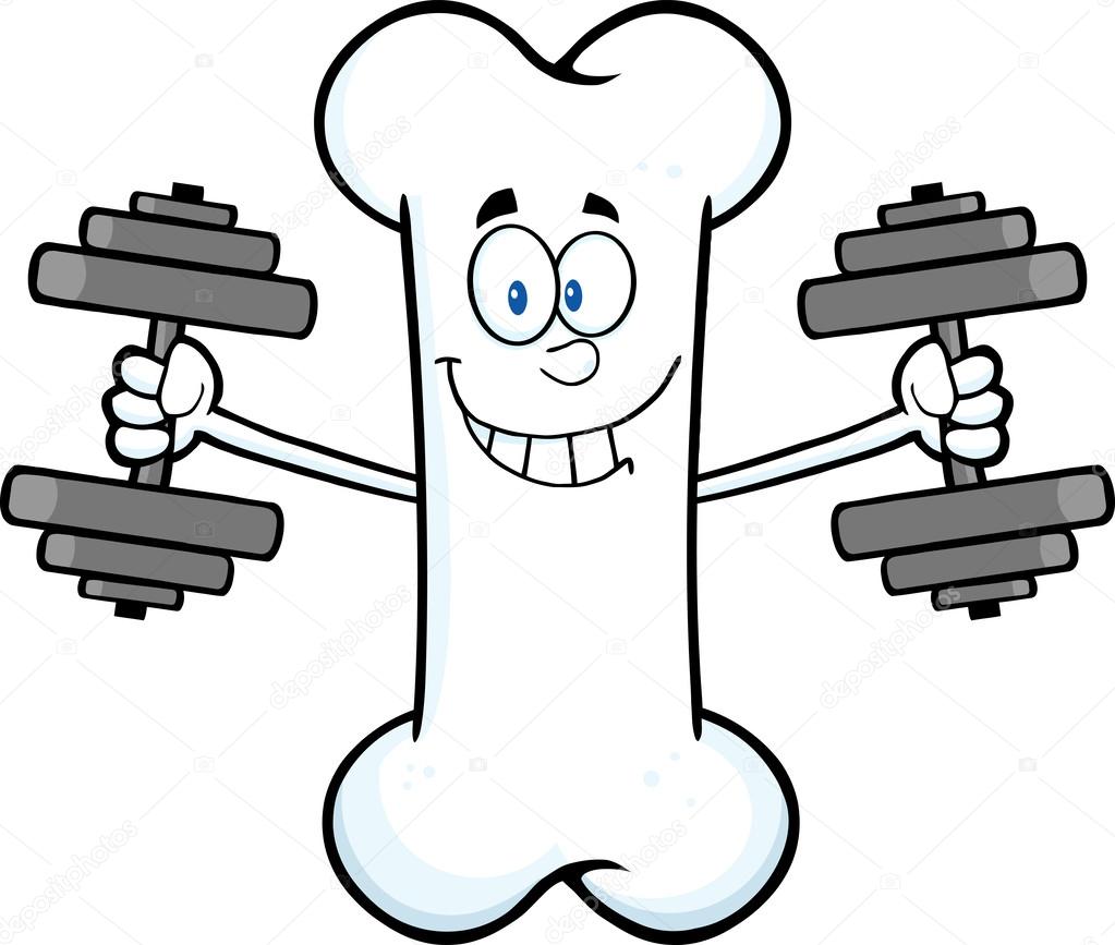 Lächelnde Knochen Cartoon-Maskottchen Charaktertraining mit Hanteln ...