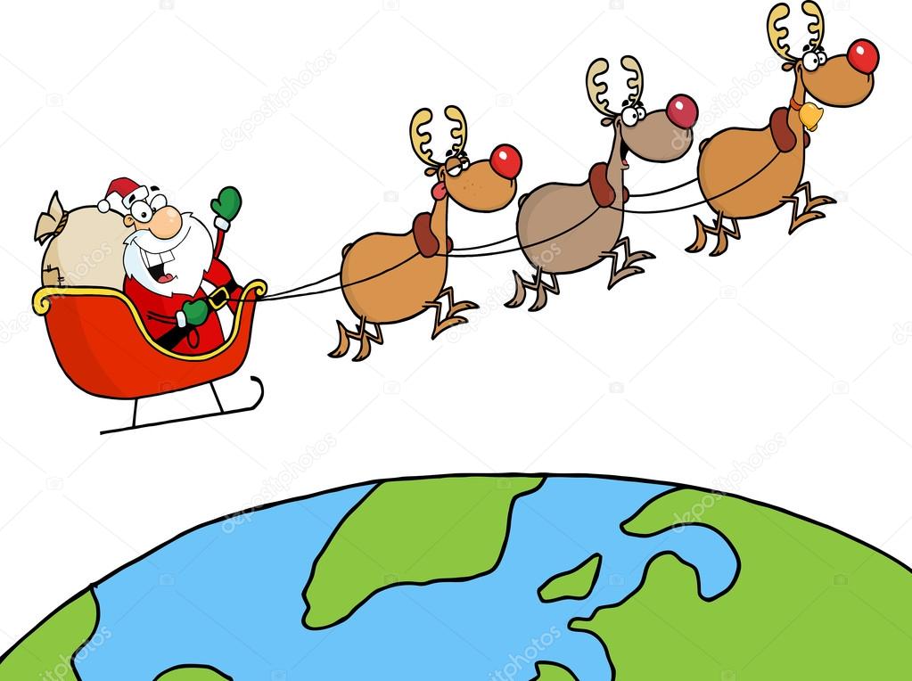 Santa And Reindeer Flying Cartoon