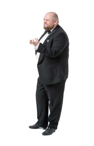 Jolly Fat Man in Tuxedo and Bow tie Shows Emotions — Stock Photo ...