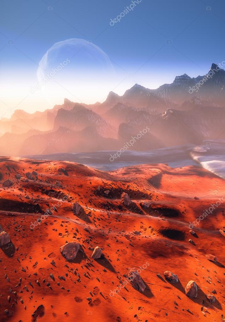 Red Planet Mars - Martian landscape and Phobos moon — Stock Photo ...