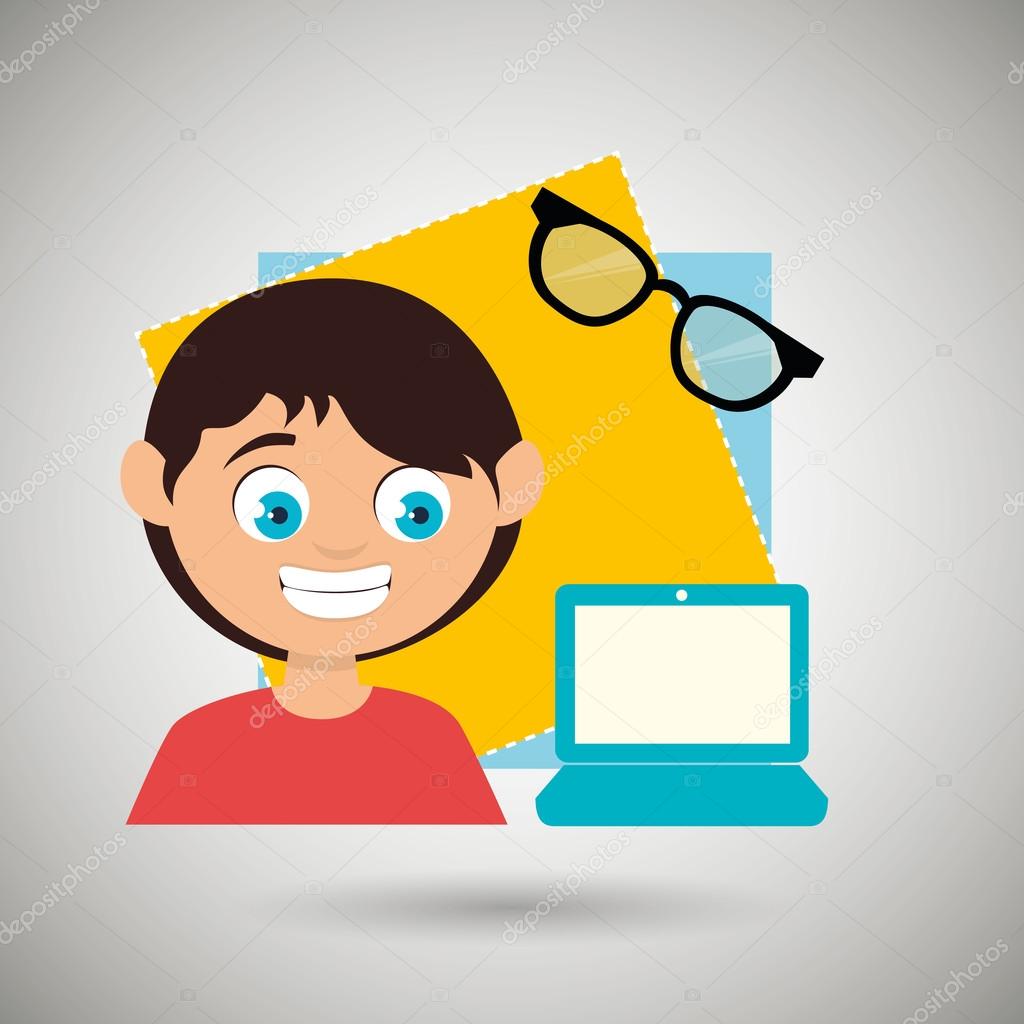 Kid with laptop computer and glasses isolated icon design Stock Vector ...