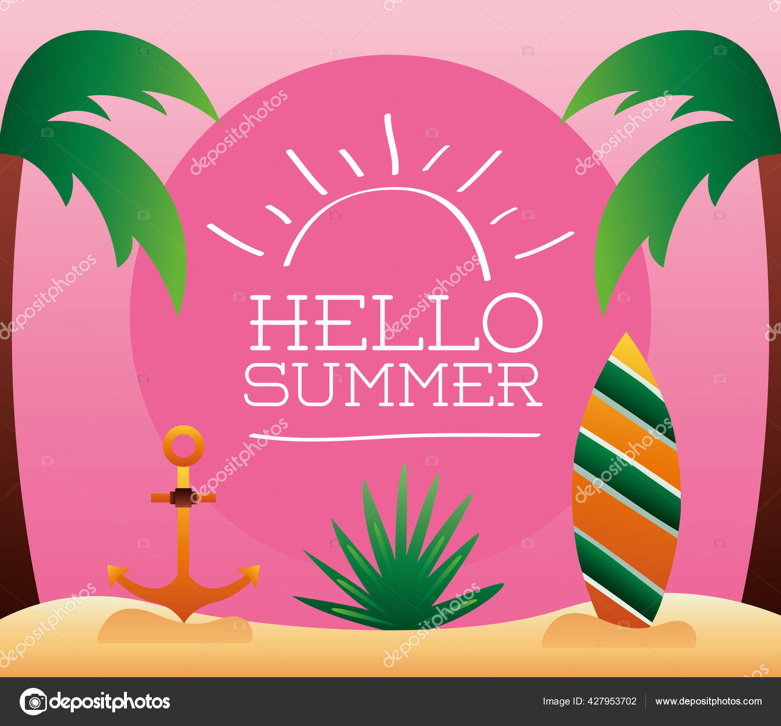 Hello summer season lettering with surfboard and anchor on the beach ...