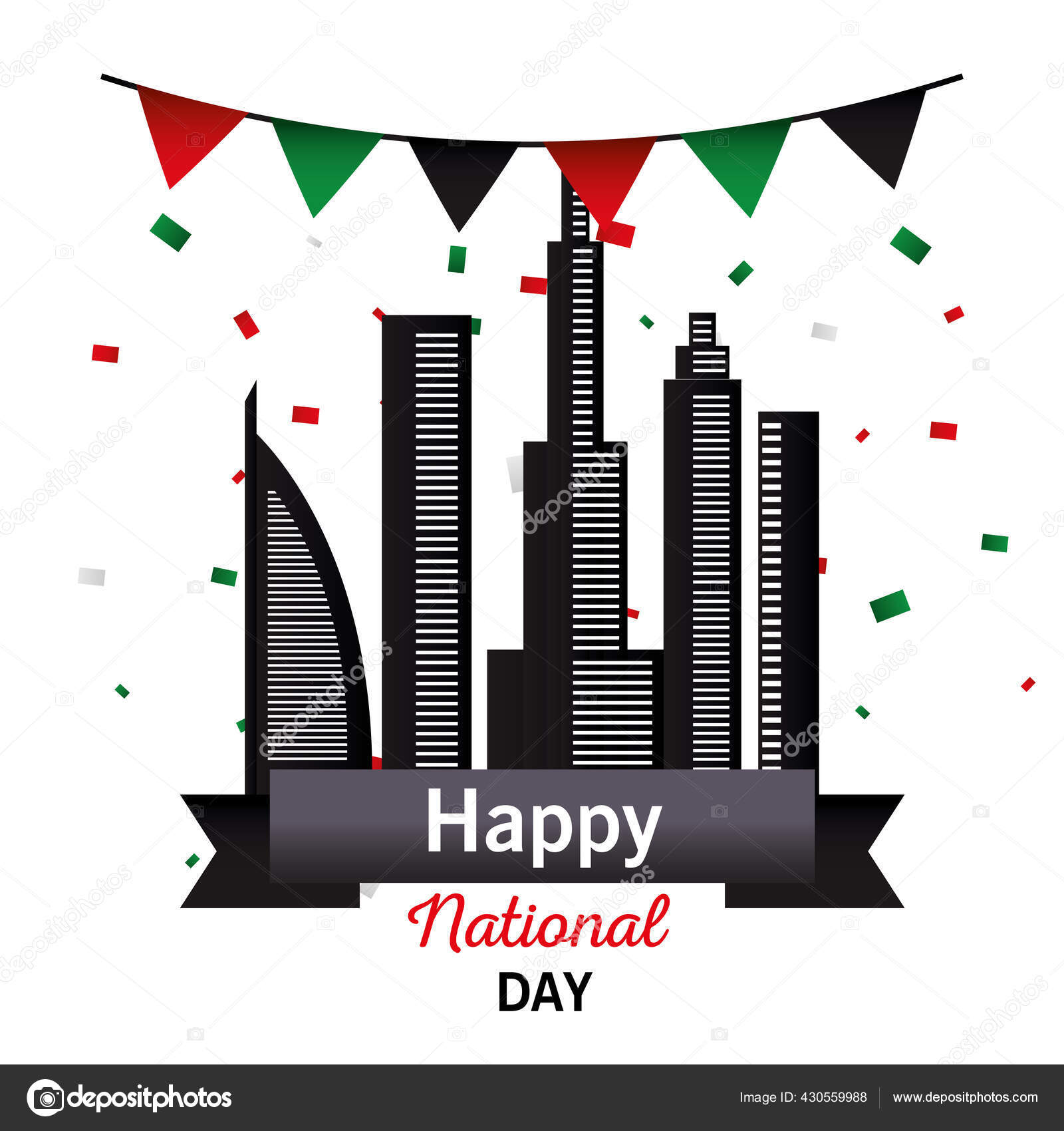 Uae national day with city buildings and banner pennant vector design ...