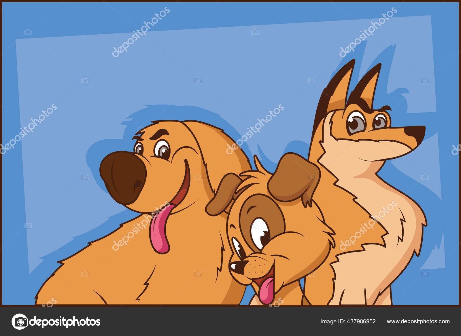 Group of three dogs comic cartoon characters in blue background Stock ...