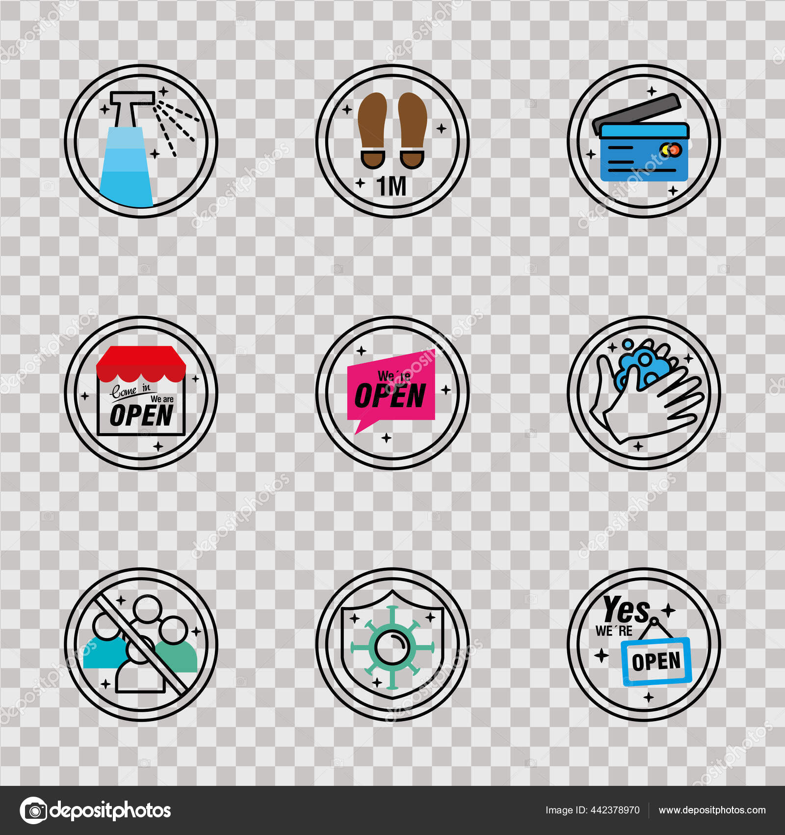 Bundle of nine reopening labels stickers set half line style icons ...