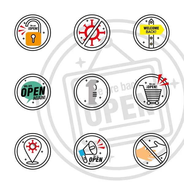 Bundle of nine reopening labels stickers set line style icons Stock ...