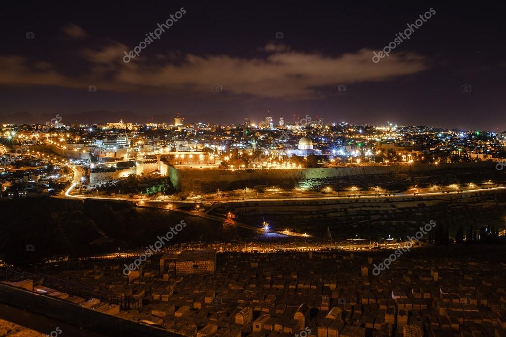Jerusalem at night with the Al-Aqsa Mosque and the Mount of Olives ...
