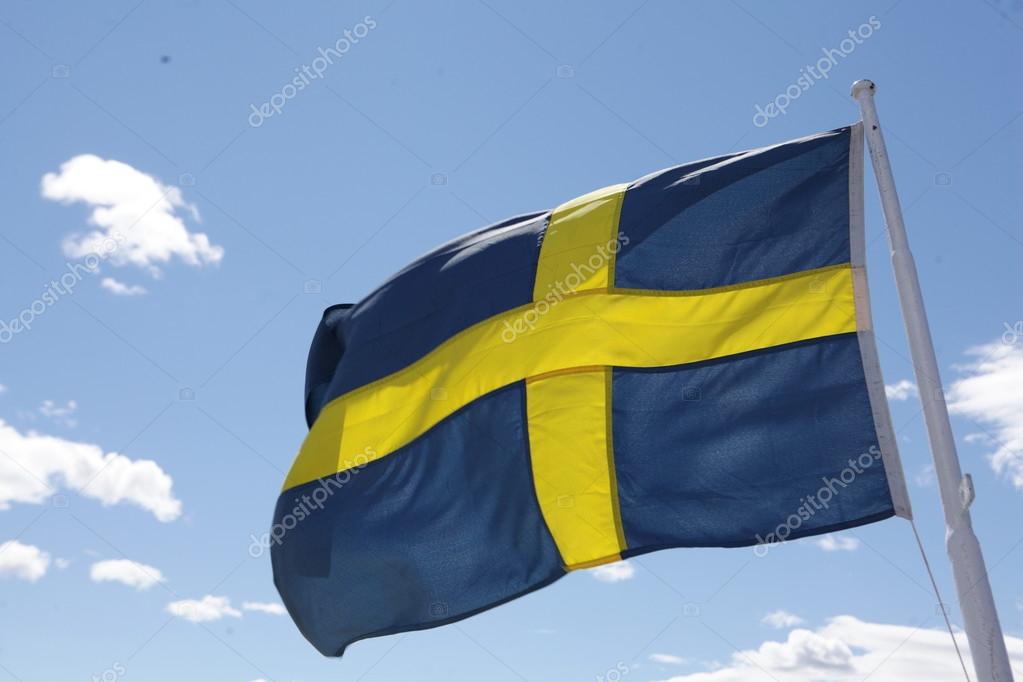 Swedish flag on the rear of a boat in Stockholm — Stock Photo ...