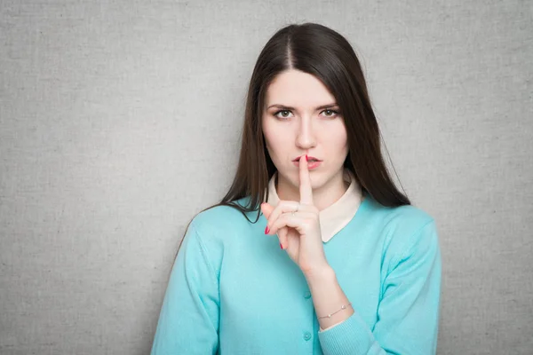 Secretive Young Woman Placing Finger On Lips Asking Shh Quiet — Stock