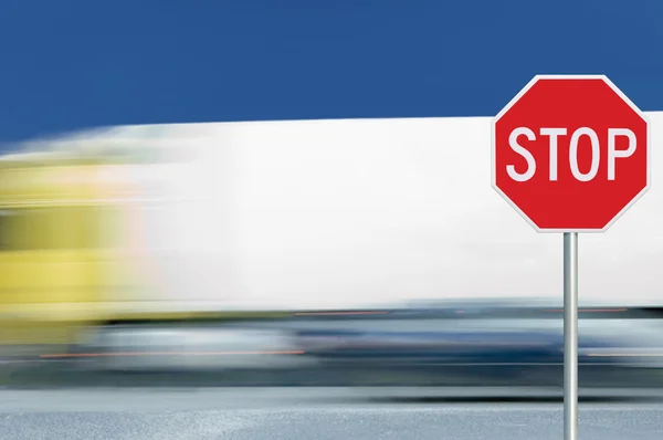 Give Way Yield Road Traffic Sign Motion Blurred Truck Background Stock ...