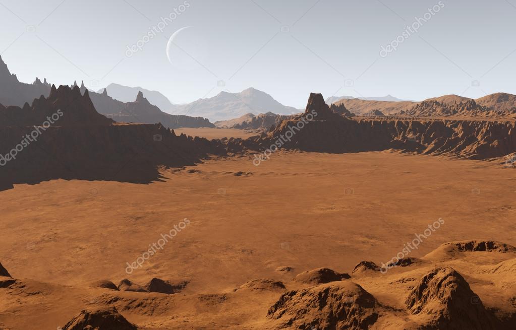 Martian landscape with craters and moon — Stock Photo © Juric.P #55102279