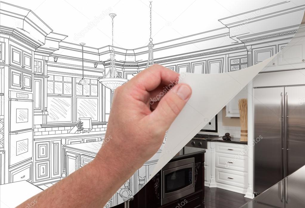Hand Turning Page of Custom Kitchen Drawing to Photograph Stock Photo ...