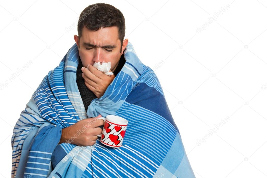 Sick man coughing and holding a warm tea cup Stock Photo by ©kmiragaya ...