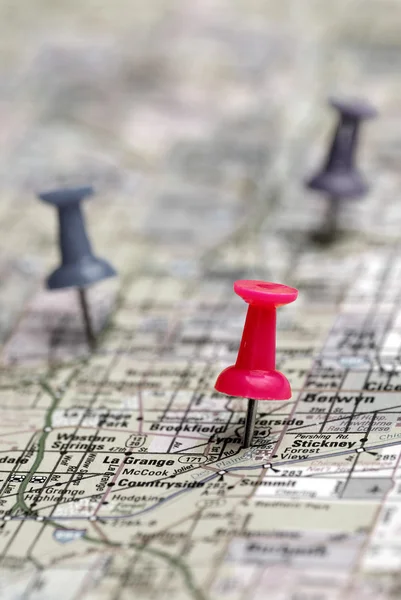 Map Thumb Tacks Showing Locations Zooming Action Destinations Stock ...