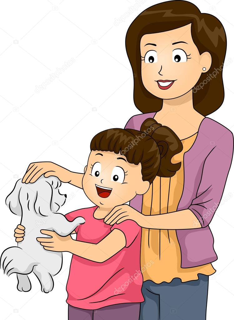 Mom and Daughter Petting Dog Stock Illustration by ©lenmdp #58947521