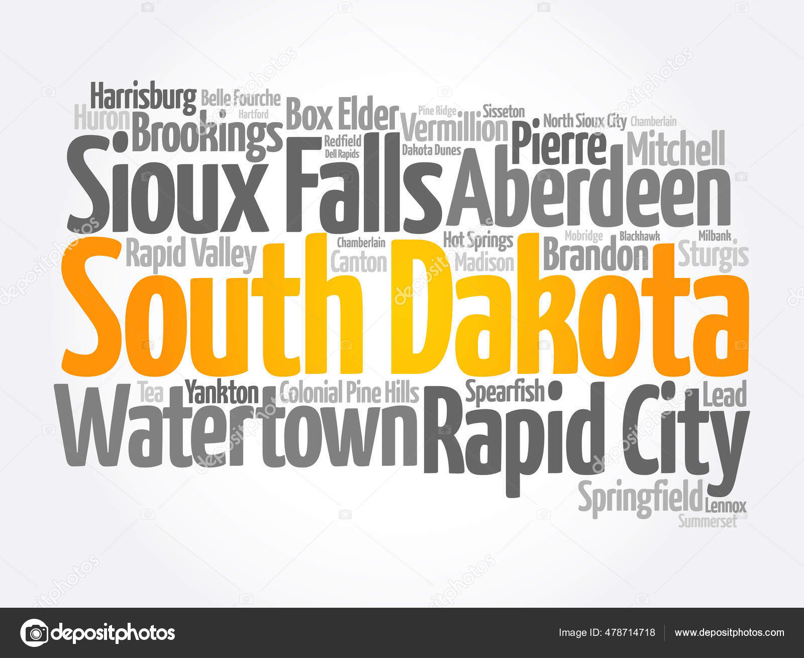 List Cities South Dakota Usa State Map Silhouette Word Cloud — Stock ...