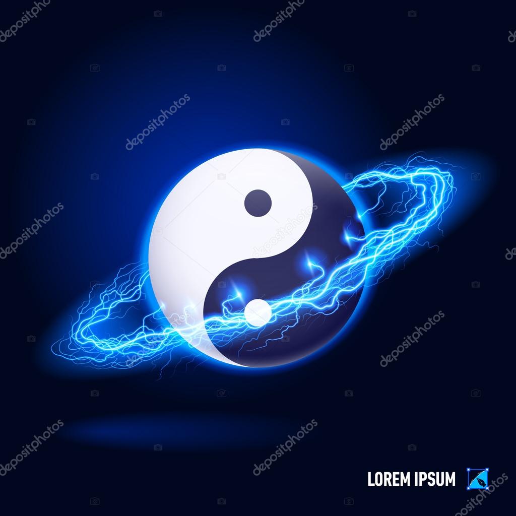 Símbolo Yin Yang chino tradicional en destellos azules y círculo de ...