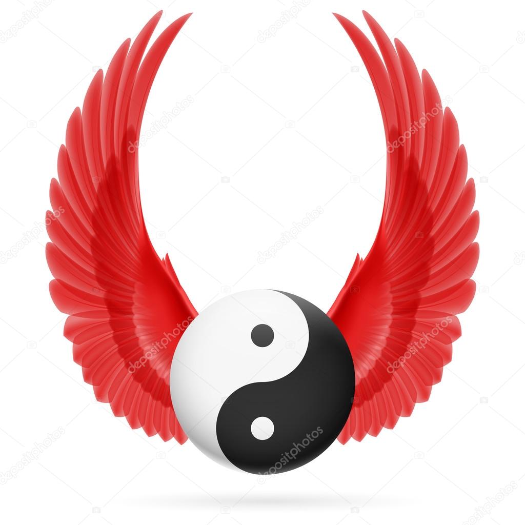 Traditionelles chinesisches Yin-Yang-Symbol mit erhobenen roten Flügeln ...