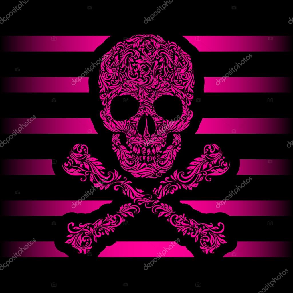 Floral pattern of form pink skull and crossbones. Pink stripes. Emo ...