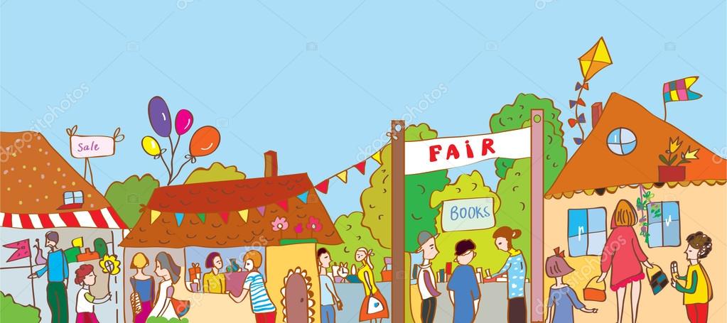 Fair holiday at the town illustration with many people — Stock Vector ...