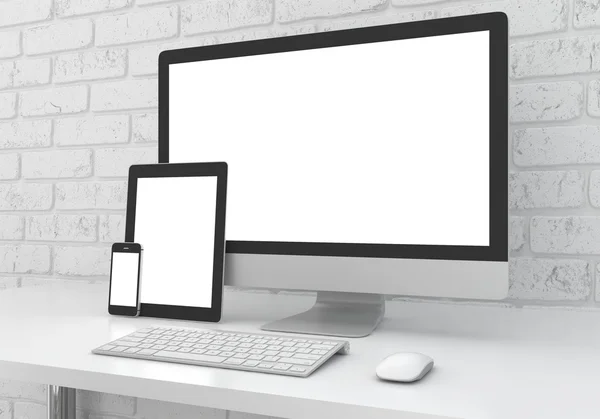 Creative designer desktop with blank white computer monitor, keyboard ...