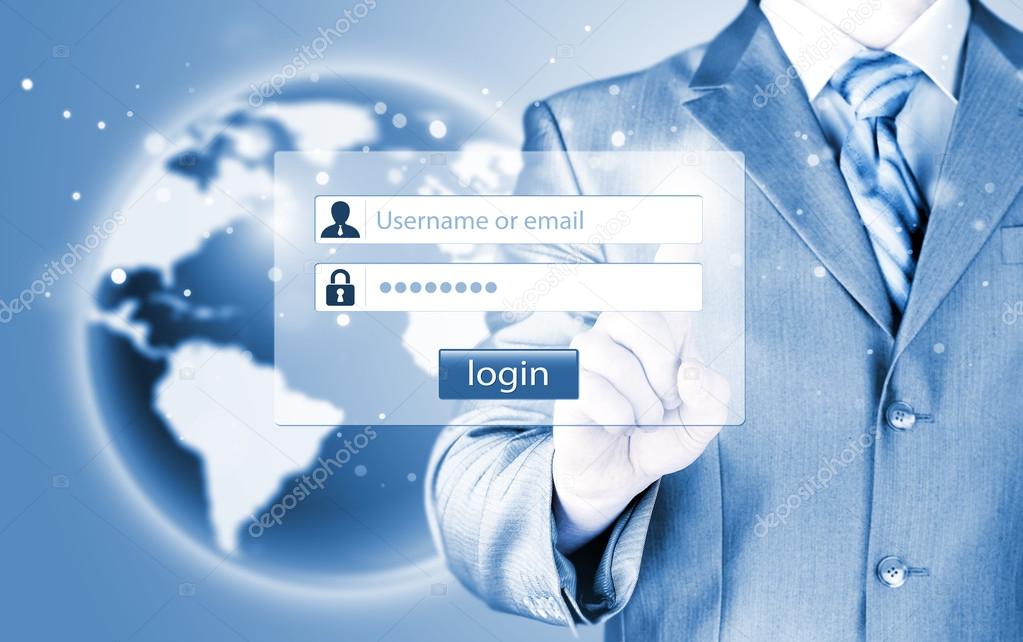 Businessman typing login and password — Stock Photo © merznatalia #63356135 Businessman typing login and password — Stock Photo © merznatalia #63356135