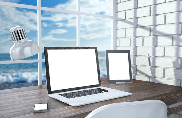 Laptop and work stuff near window - Stock Image - Everypixel